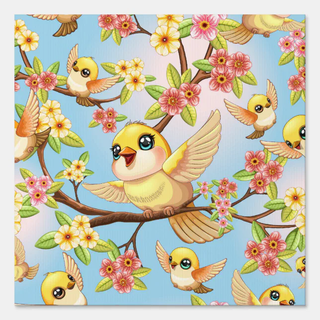 Cute and Happy Birds among Spring Flowers Sign | Zazzle