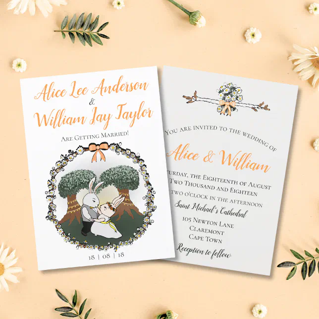 Cute and Rustic Illustrated Bunny Rabbit Wedding Invitation | Zazzle