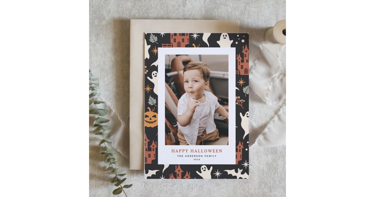 Cute and Spooky Pattern Happy Halloween Photo Holiday Card | Zazzle