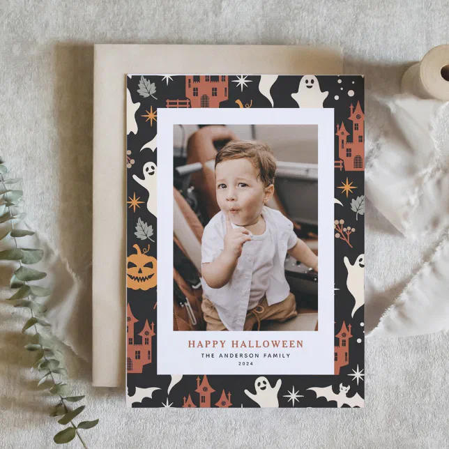 Cute and Spooky Pattern Happy Halloween Photo Holiday Card | Zazzle