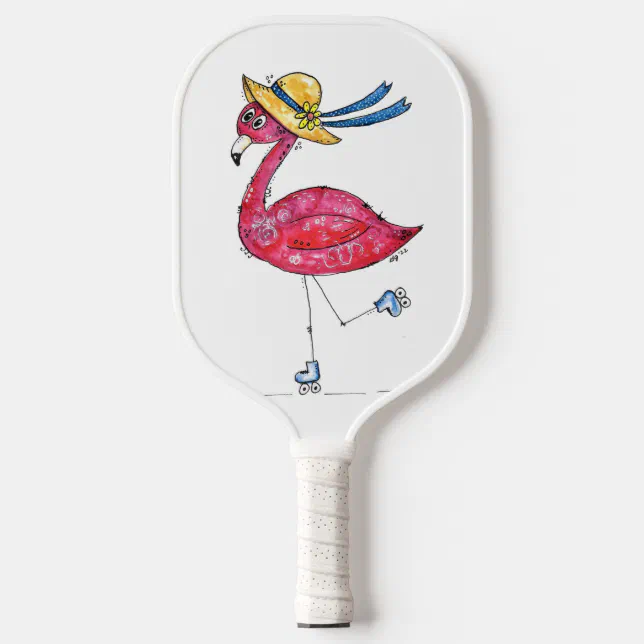 Cute and Whimsical Pink Flamingo on Skates Pickleball Paddle | Zazzle
