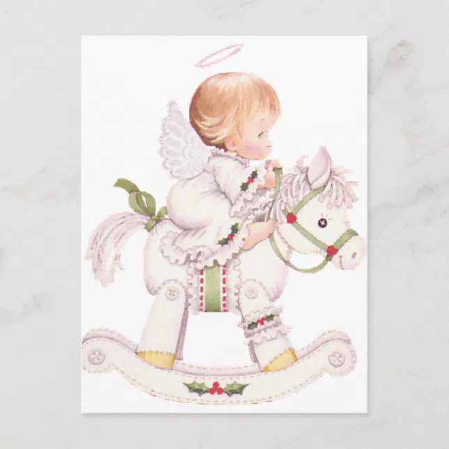 Cute Angel on a White Christmas Rocking Horse Holiday Postcard | Zazzle