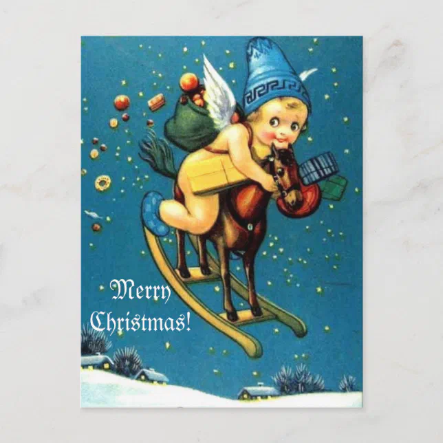 Cute Angel on Flying Rocking Horse Merry Christmas Holiday Postcard ...