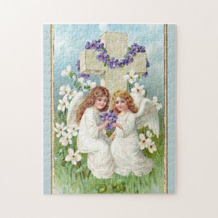 Cute Angels With Cross And Flowers Jigsaw Puzzle | Zazzle.com