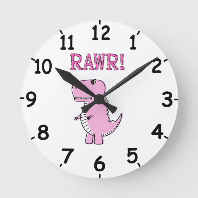 Cute Angry Pink Cartoon T-Rex Dino With Numbers Round Clock | Zazzle