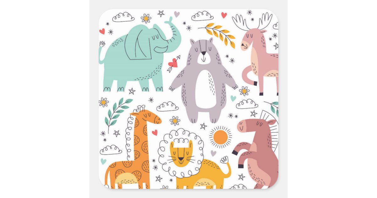 Cute Animal Cartoon Collection Square Sticker | Zazzle