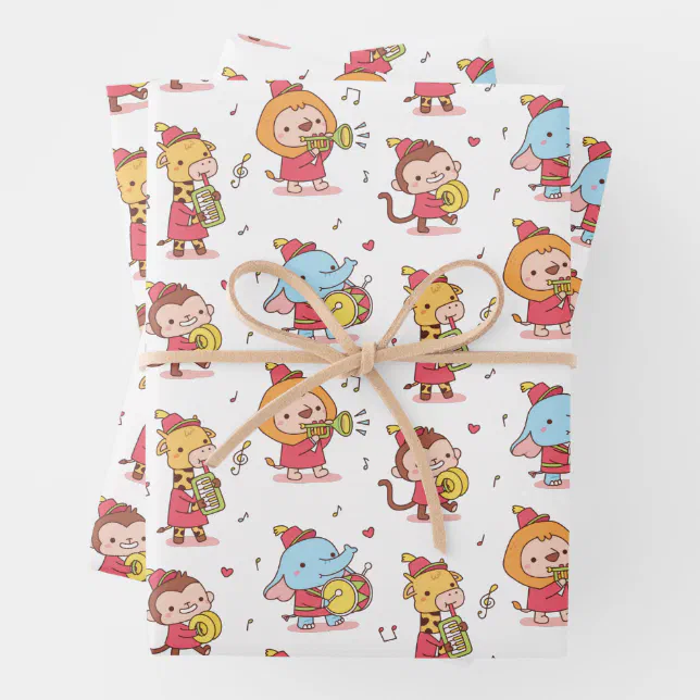 Cute Animals Marching Musical Band Kids Birthday Wrapping Paper Sheets ...