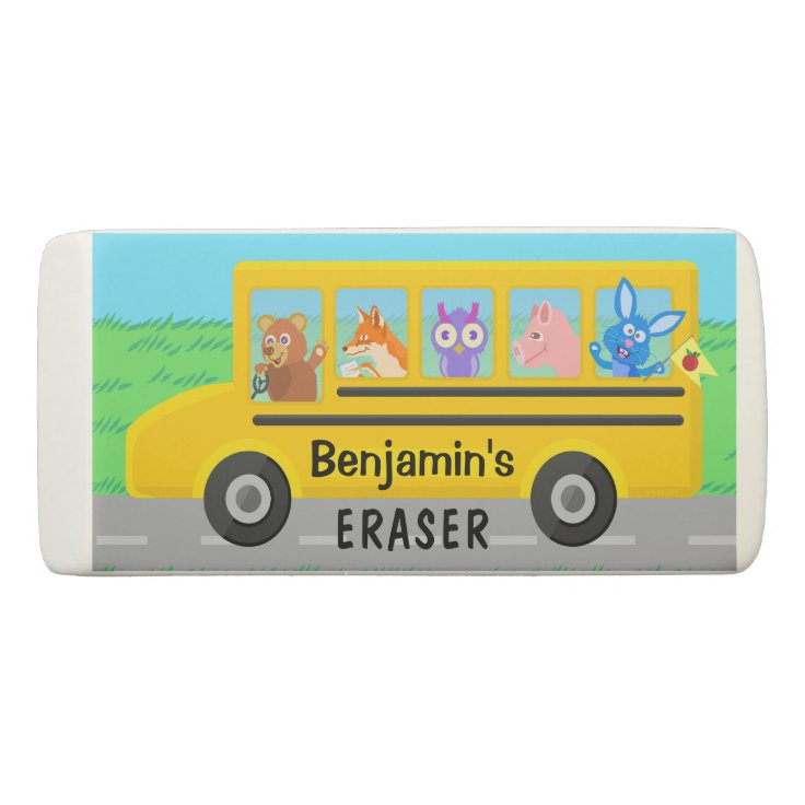Cute Animals on the School Bus | Personalized Name Eraser | Zazzle