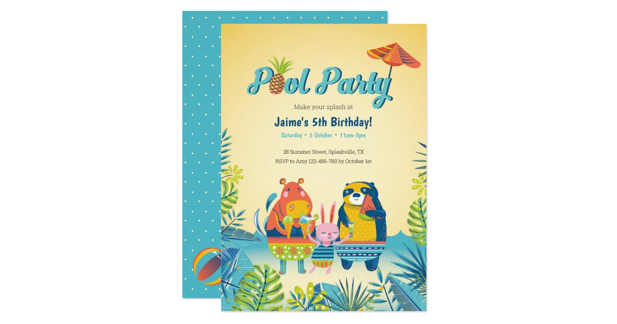 Cute Animals Pool Party Birthday Invitation | Zazzle.com