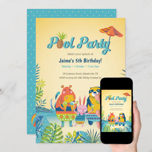 Cute Animals Pool Party Birthday Invitation | Zazzle