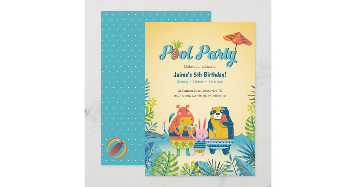 Cute Animals Pool Party Birthday Invitation | Zazzle