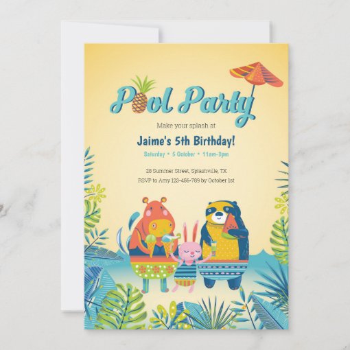 Cute Animals Pool Party Birthday Invitation | Zazzle