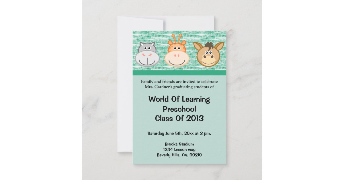 Cute Animals Preschool Or Kindergarten Graduation Invitation | Zazzle