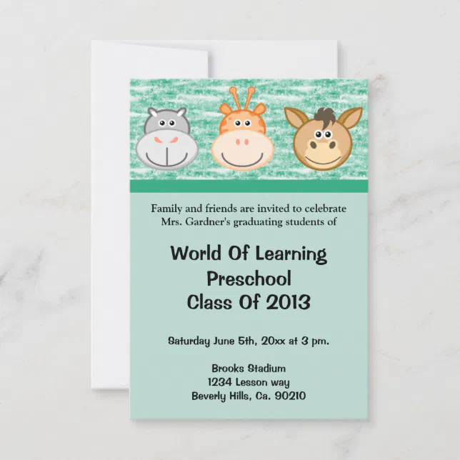 Cute Animals Preschool Or Kindergarten Graduation Invitation | Zazzle