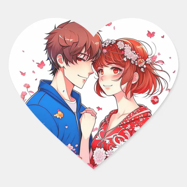 Cute Anime Boy and Girl Cuddling Heart Sticker | Zazzle