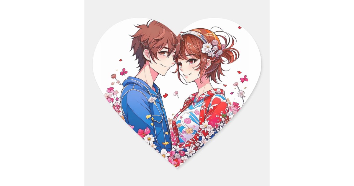 Cute Anime Couple Cuddling Heart Sticker | Zazzle
