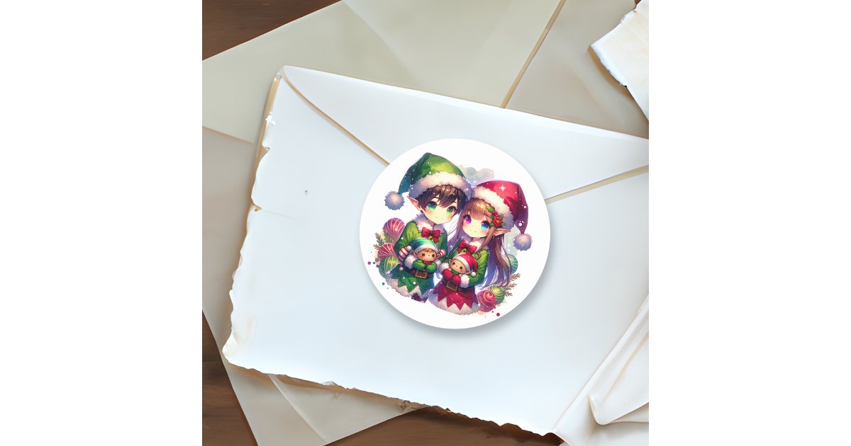 Cute Anime Elves Christmas Classic Round Sticker | Zazzle