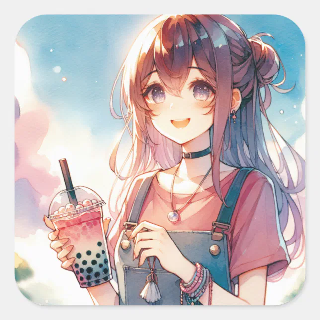 Cute Anime Girl Holding a Boba Tea Square Sticker | Zazzle