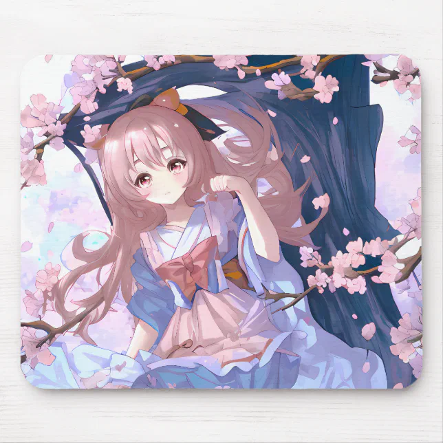 Cute Anime Girl Under A Cherry Blossom Tree Mouse Pad | Zazzle