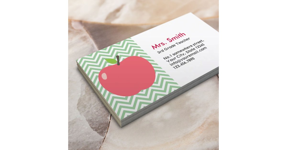 Cute Apple Green Chevron Teacher Business Card | Zazzle