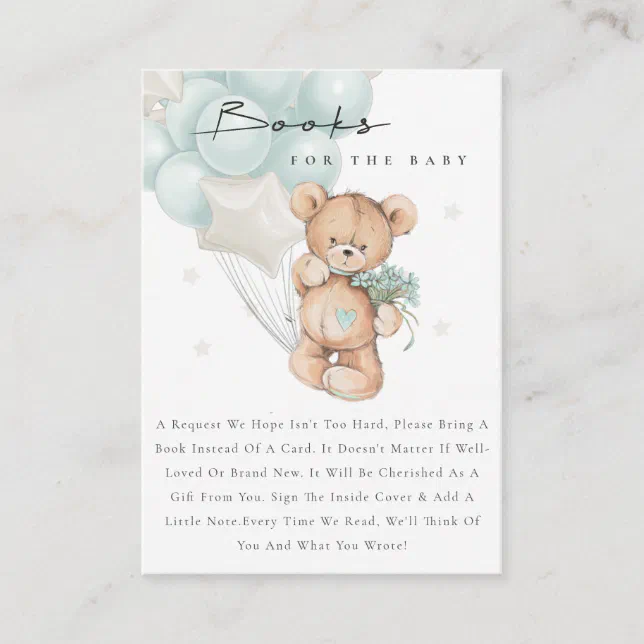 Cute Aqua Blue Bear Balloon Books For Baby Shower Enclosure Card | Zazzle