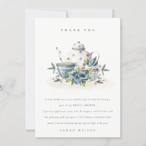 Cute Aqua Blue Floral Teapot Crups Bridal Shower Thank You Card | Zazzle
