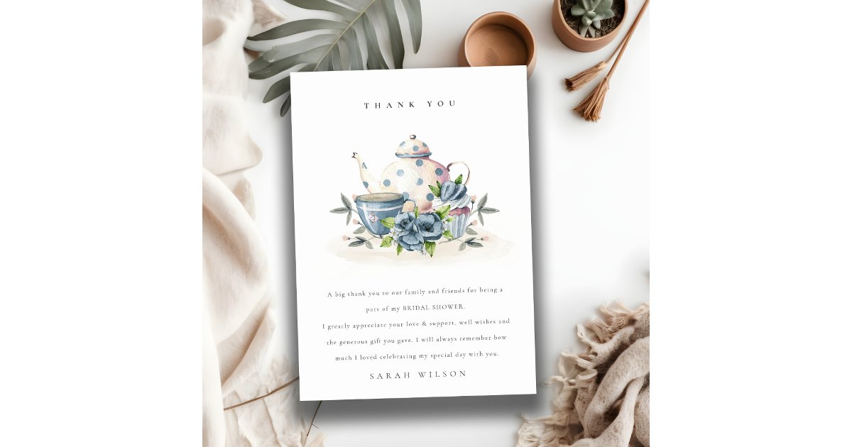 Cute Aqua Blue Floral Teapot Crups Bridal Shower Thank You Card | Zazzle