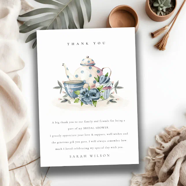 Cute Aqua Blue Floral Teapot Crups Bridal Shower Thank You Card | Zazzle