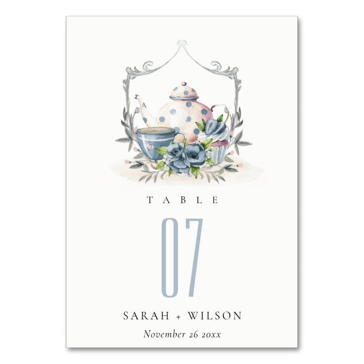 Cute Aqua Blue floral Teapot Cup Crest Wedding Table Number | Zazzle