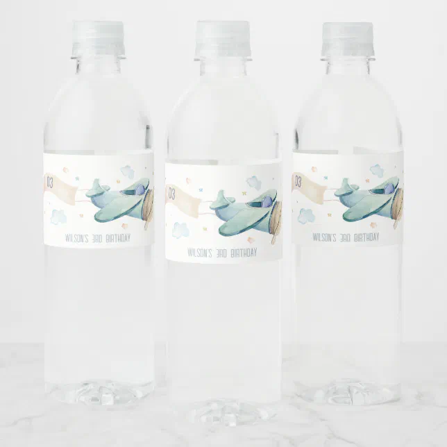 Cute Aqua Blue Plane Cloud Heart Kids Birthday Water Bottle Label | Zazzle