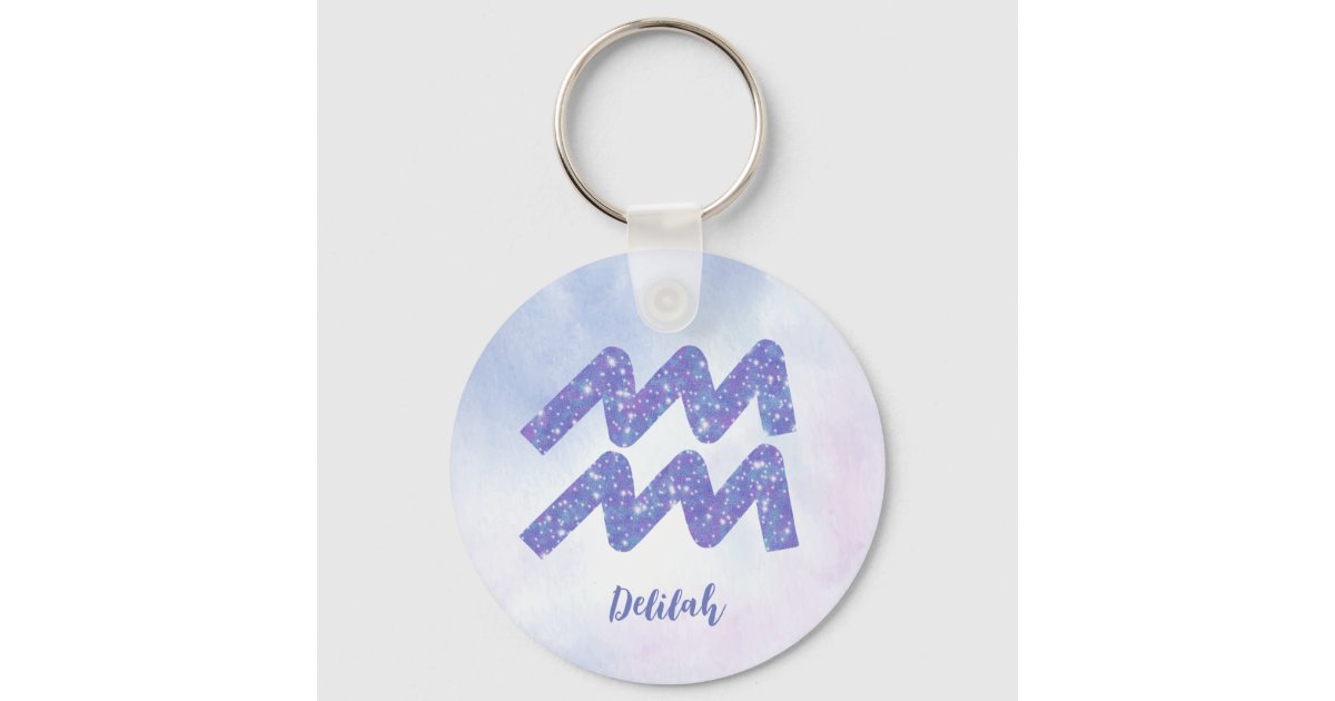Cute Aquarius Astrology Sign Personalized Purple Keychain | Zazzle