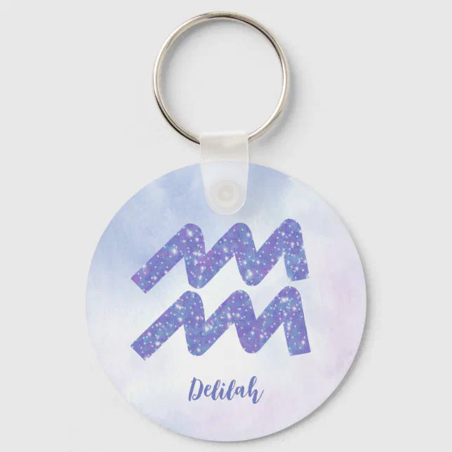 Cute Aquarius Astrology Sign Personalized Purple Keychain | Zazzle