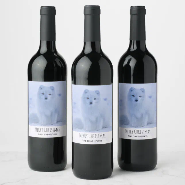 Cute Arctic Fox on Snowy Winter Background Wine Label | Zazzle