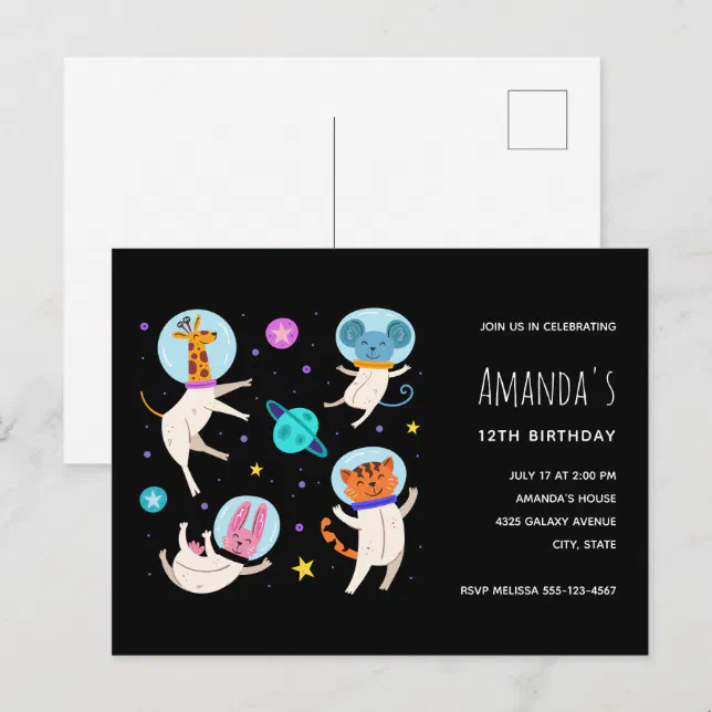 Cute Astronaut Animals Floating in Space Birthday Invitation Postcard ...