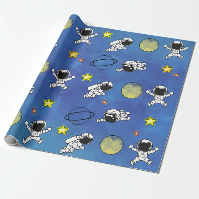 Cute Astronaut Outer Space Star Planet Wrapping Paper | Zazzle
