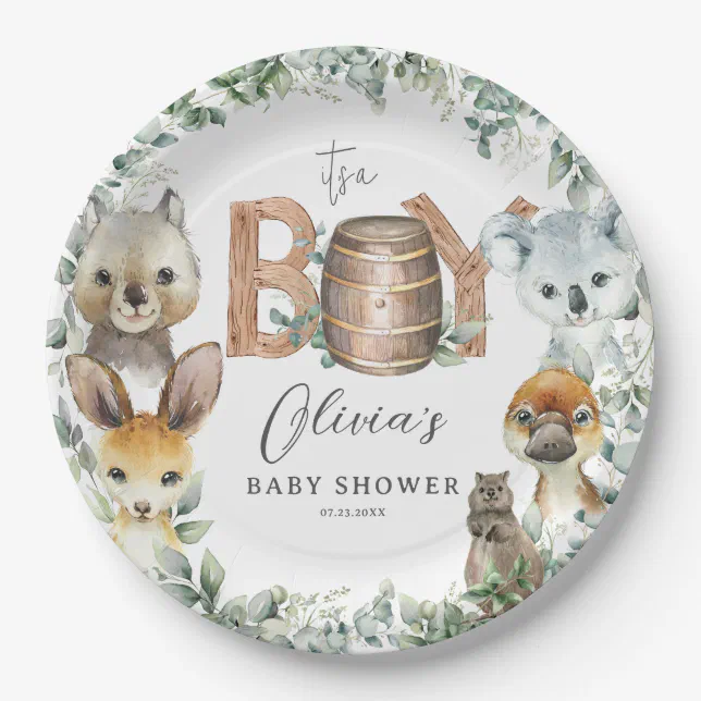 Cute Australian Animals Greenery Boy Baby Shower Paper Plates | Zazzle
