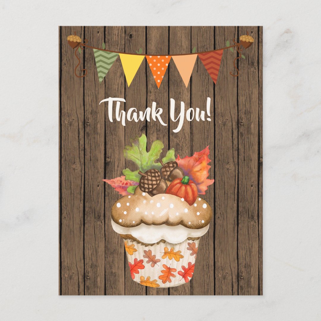 Cute Autumn Cupcake and Bunting Fall Thank You Postcard | Zazzle