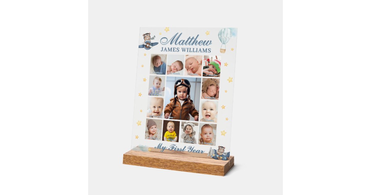 Cute Aviation Bear Baby Boy Photo Collage 1st Year Acrylic Sign | Zazzle