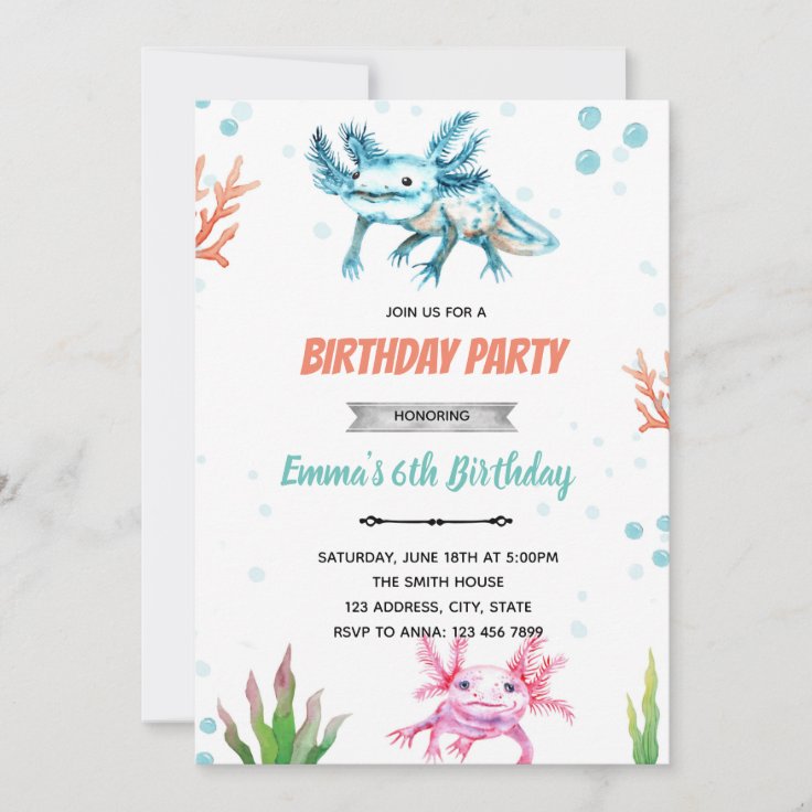 Cute axolotl birthday invitation | Zazzle