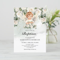 Cute baby angel White Roses Greenery and Gold Invitation | Zazzle