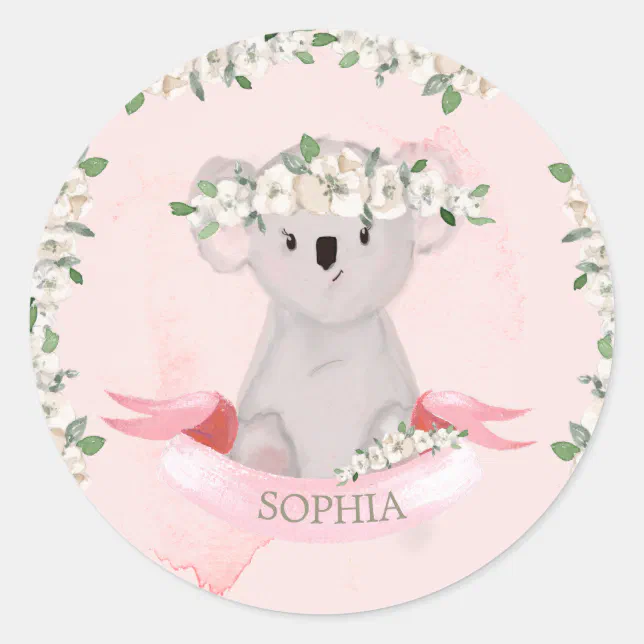 Cute Baby Animal Koala Pink Floral Classic Round Sticker | Zazzle