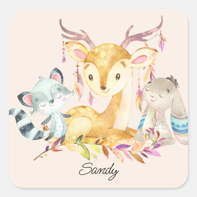 Cute Baby Animals Custom Name Gender Neutral Square Sticker | Zazzle