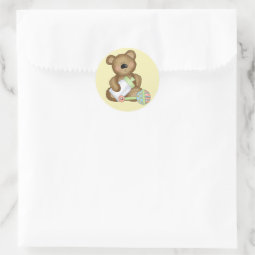Cute Baby Bear with Baby Bottle and Rattle Classic Round Sticker | Zazzle