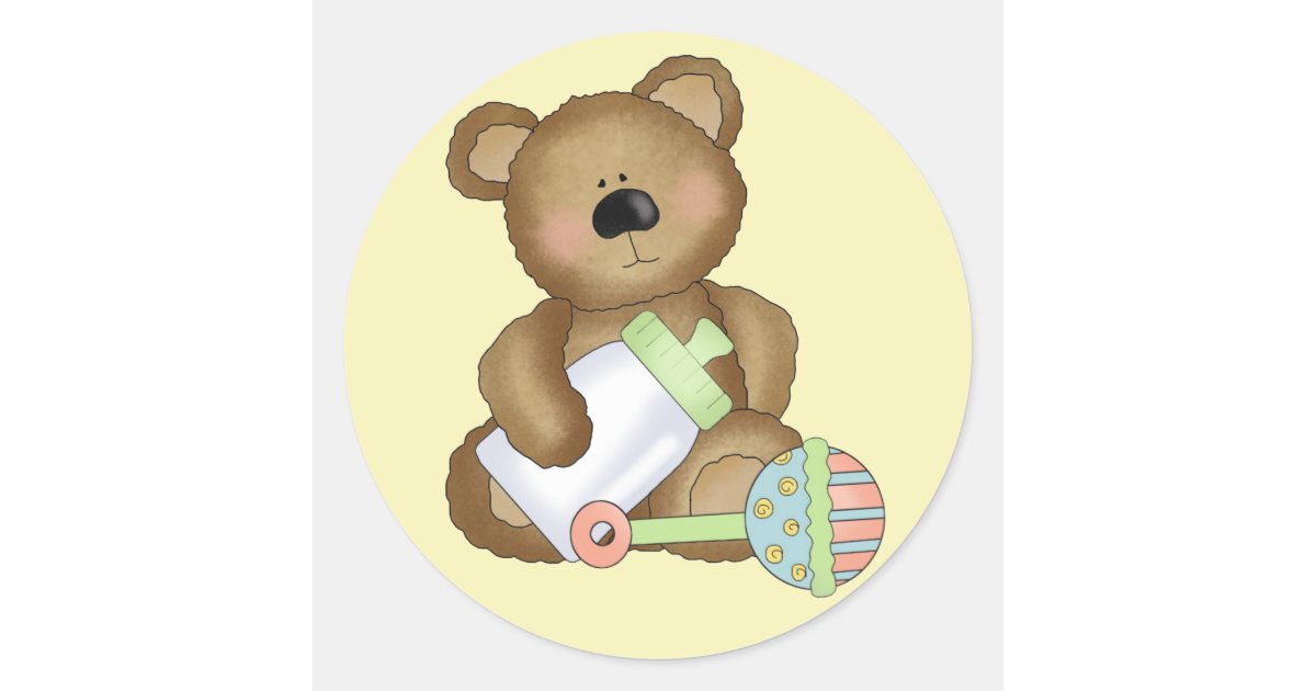 Cute Baby Bear with Baby Bottle and Rattle Classic Round Sticker | Zazzle