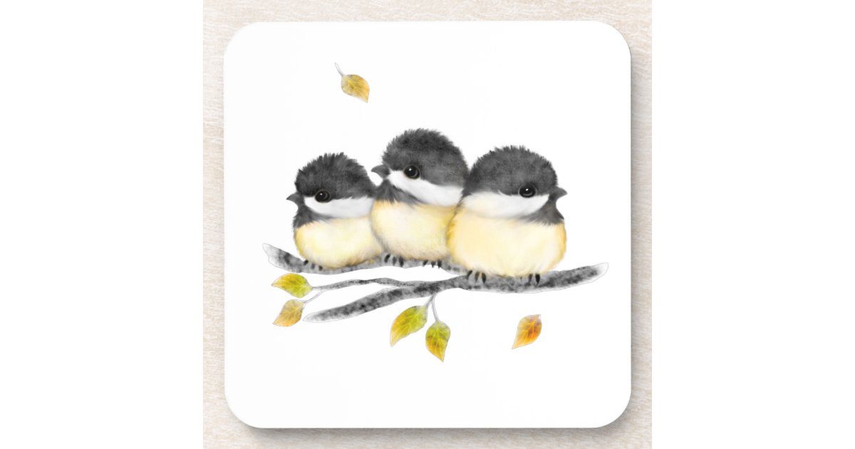 Cute Baby Bird 3 Chickadees on Tree Branch Beverage Coaster | Zazzle