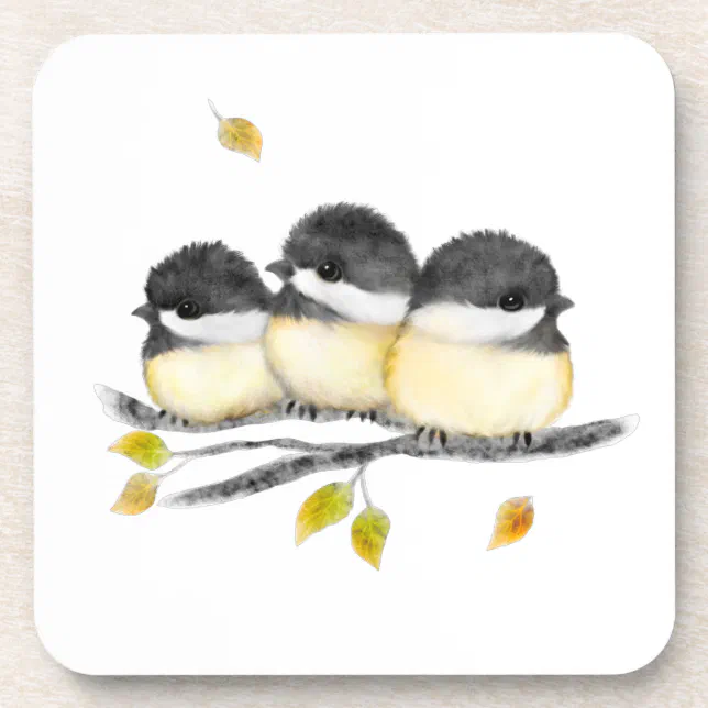 Cute Baby Bird 3 Chickadees on Tree Branch Beverage Coaster | Zazzle