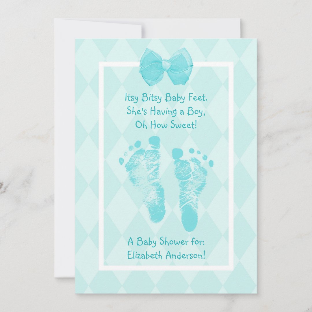 Cute Baby Boy Footprints Baby Shower Blue Ribbon Invitation | Zazzle