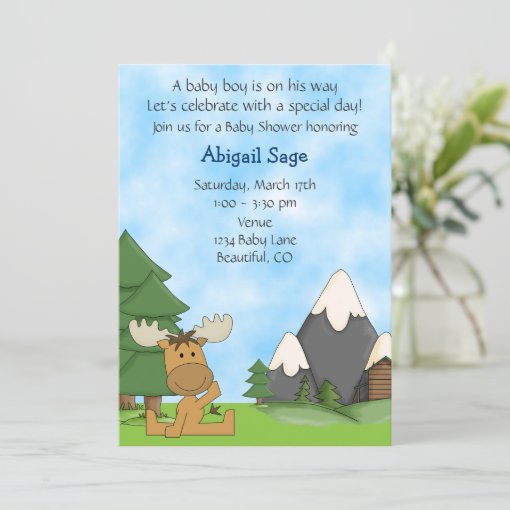 Cute Baby Boy Mountain Moose Baby Shower Invitation | Zazzle