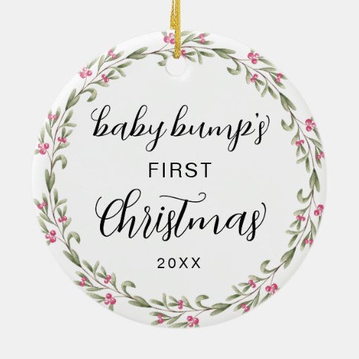Cute Baby Bump's First Christmas Pink Berry Ceramic Ornament | Zazzle