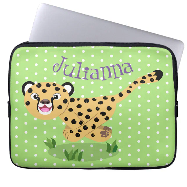 Cute baby cheetah running cartoon illustration laptop sleeve | Zazzle